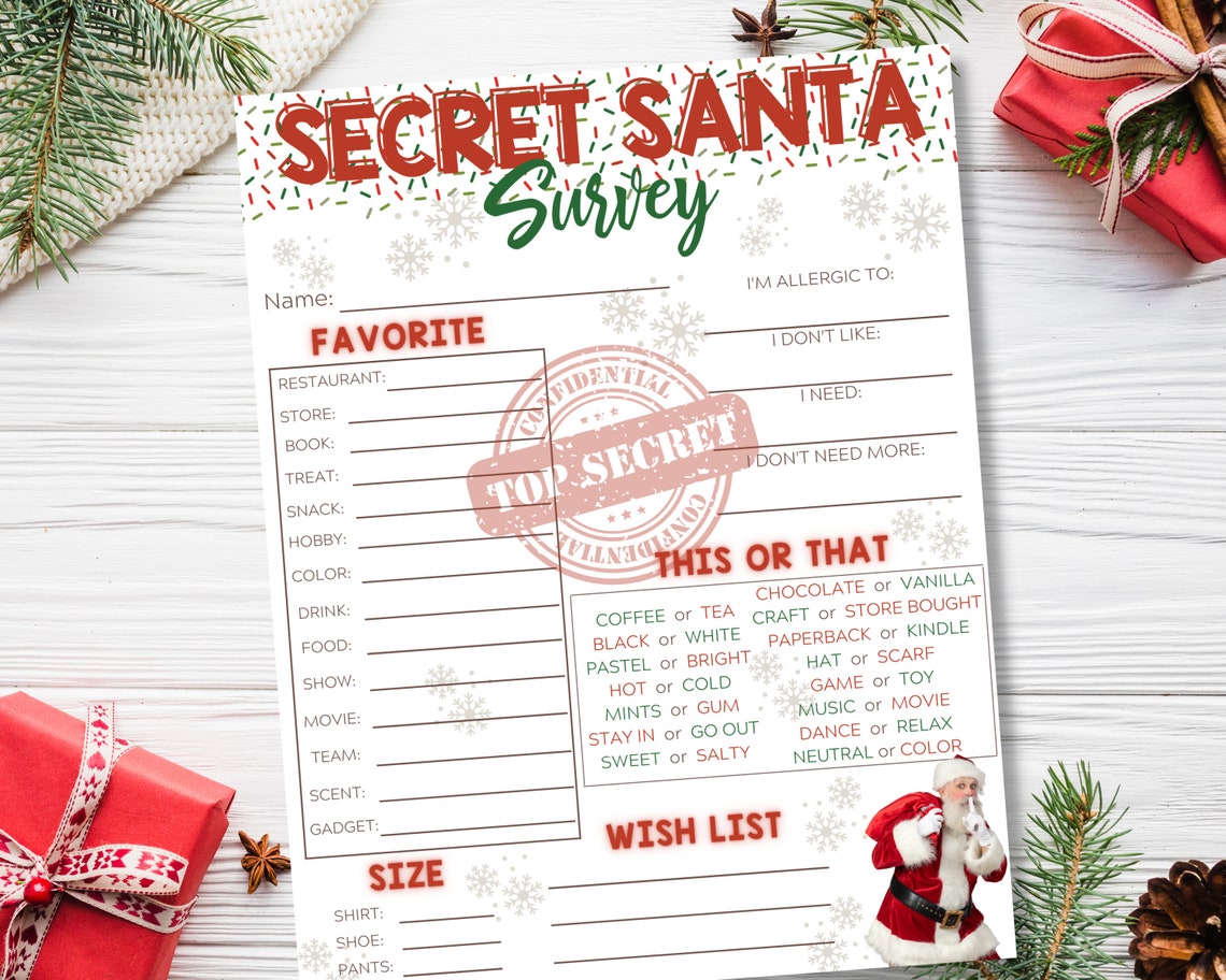 Printable Secret Santa Questionnaire for Christmas and Holiday - Etsy