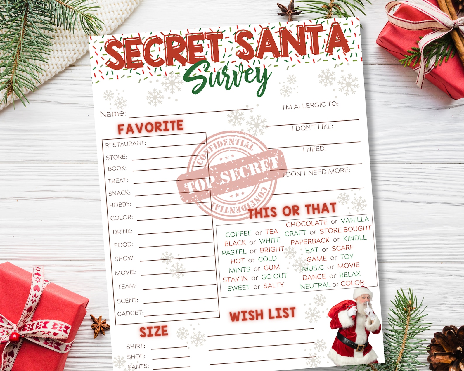 Printable Secret Santa Questionnaire for Christmas and Holiday - Etsy