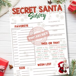 Printable Secret Santa Questionnaire for Christmas and Holiday Santa ...