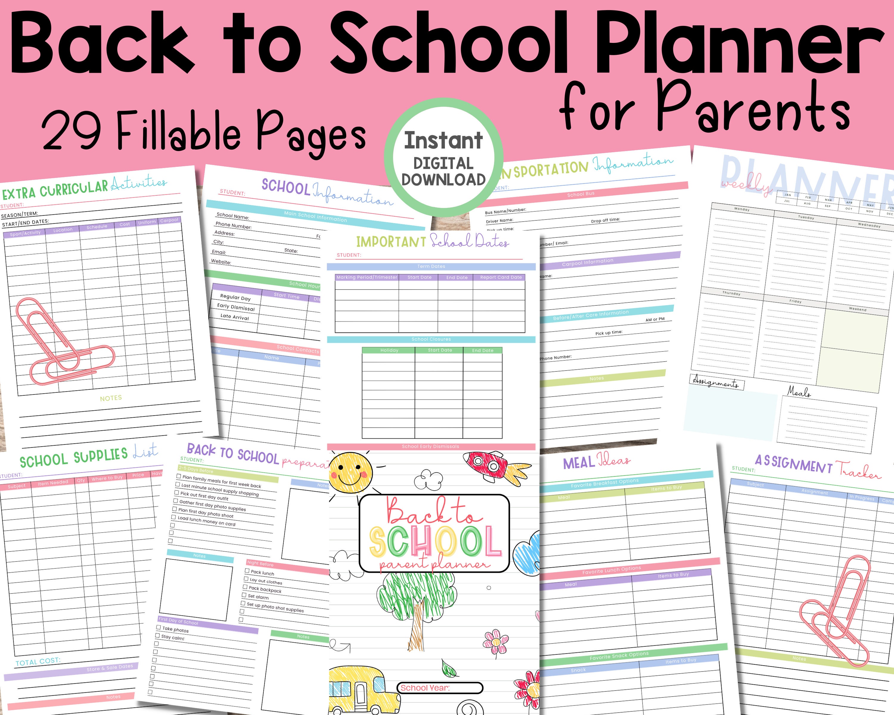 Back to School Planner Printable, Fillable PDF, Printable Organizer for ...