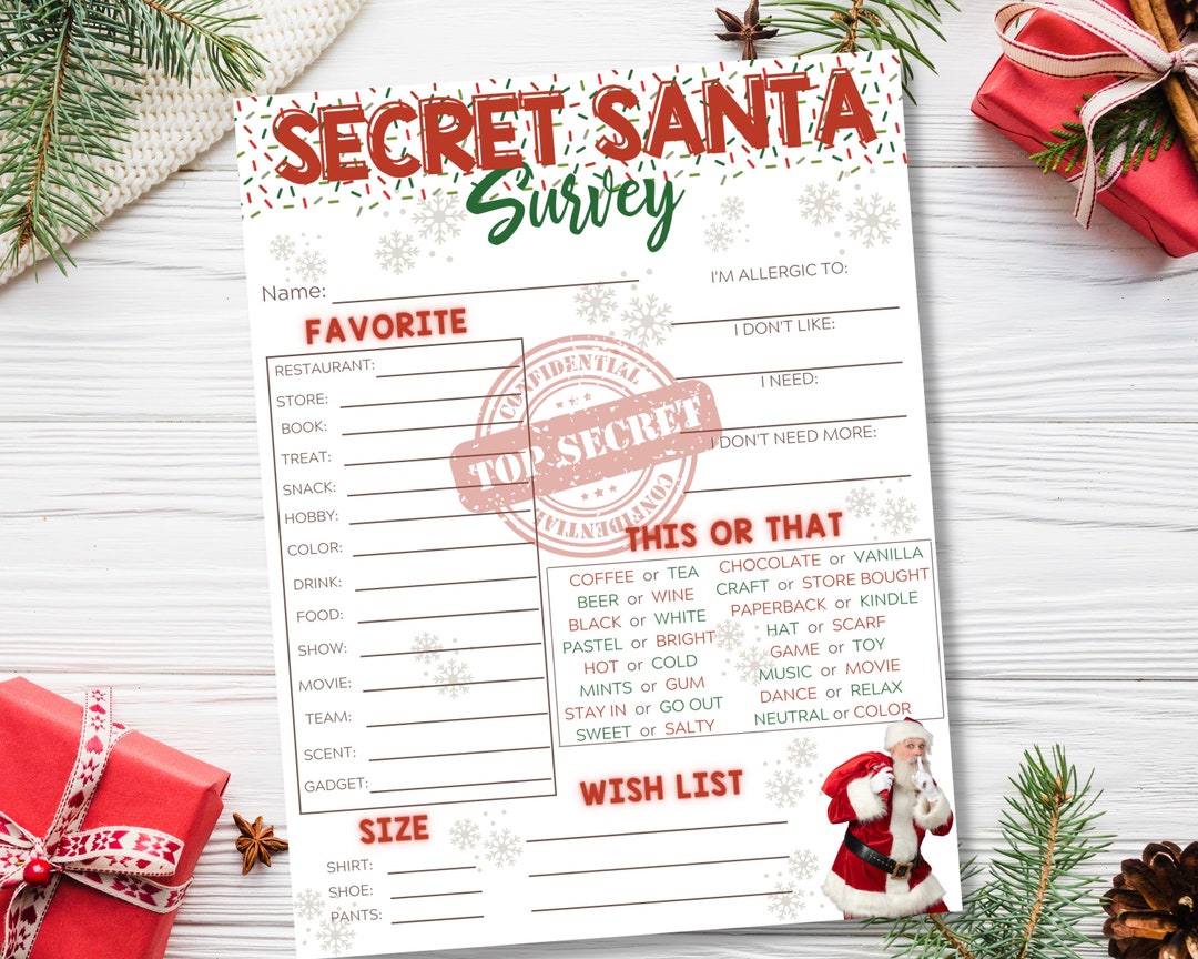 Printable Secret Santa Questionnaire for Christmas and Holiday Santa ...