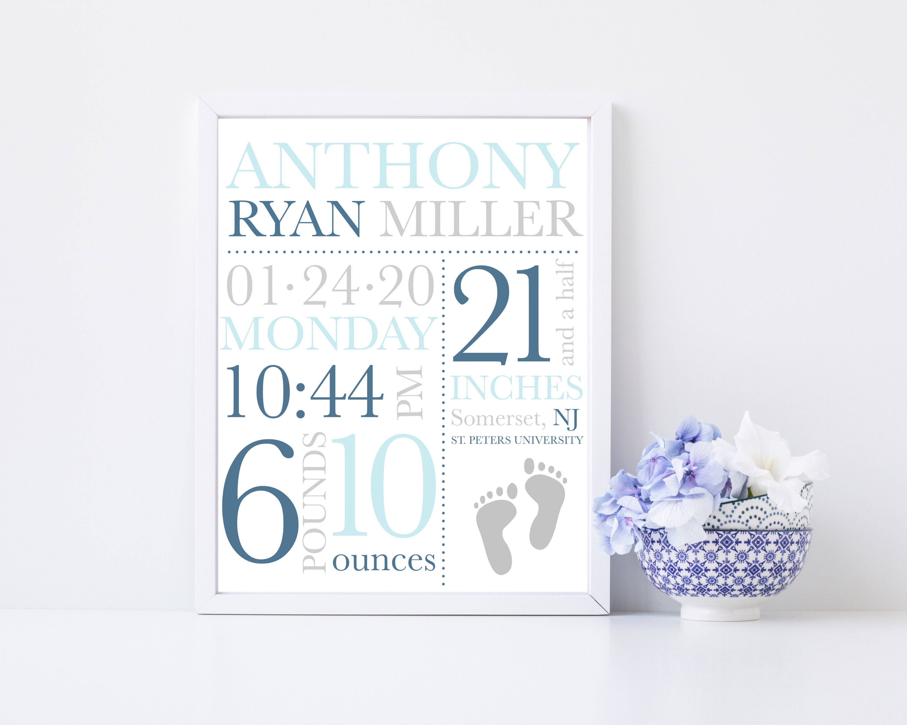 Blue Birth Stats Printable Nursery Decor Sign for Baby Boy- Light Blue ...