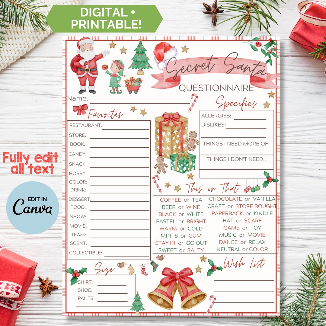 Printable Secret Santa Gift Exchange Questionnaire for Christmas and ...