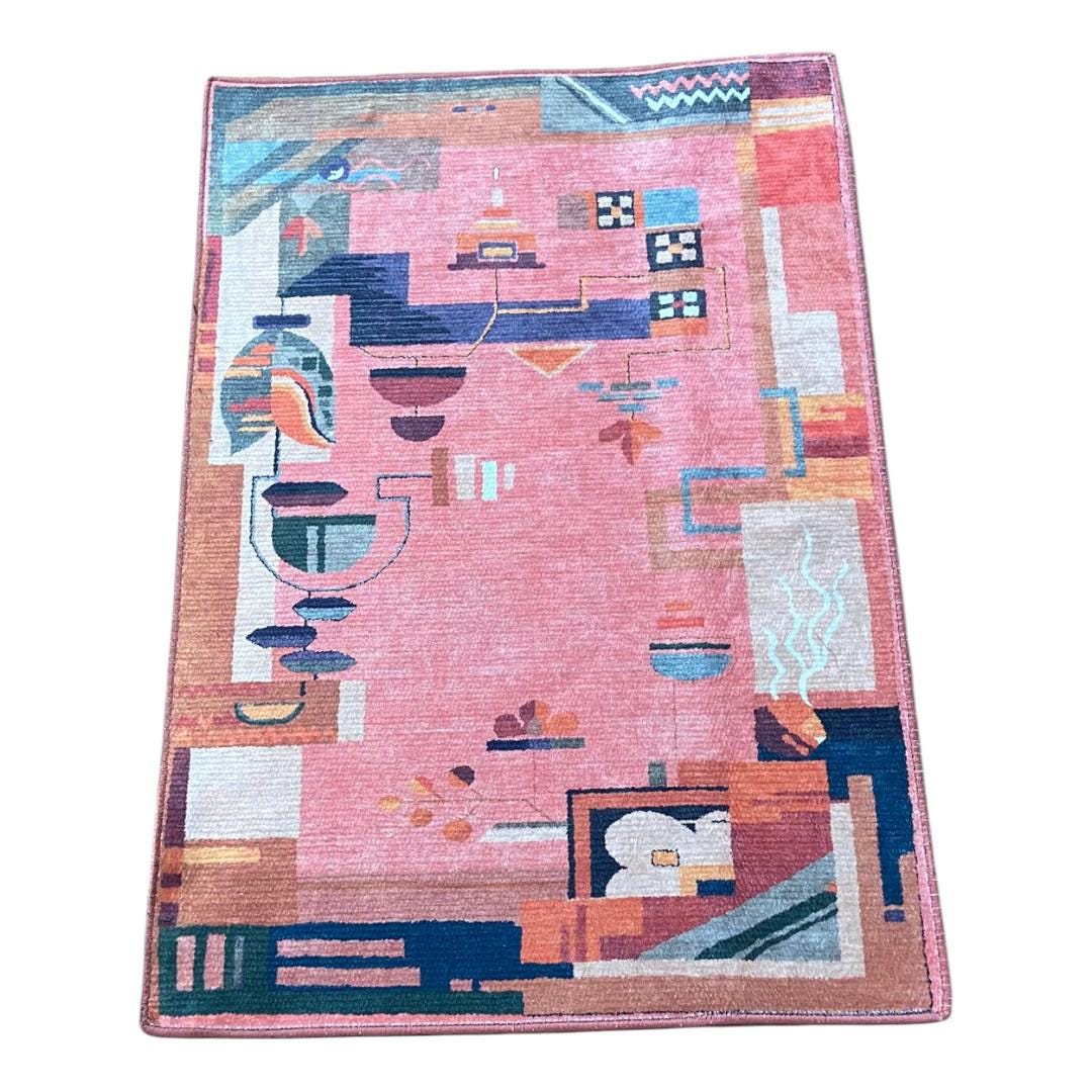 Colorful Abstract Area Rug: Hand-drawn Bauhaus Style Print, Pink Salmon ...