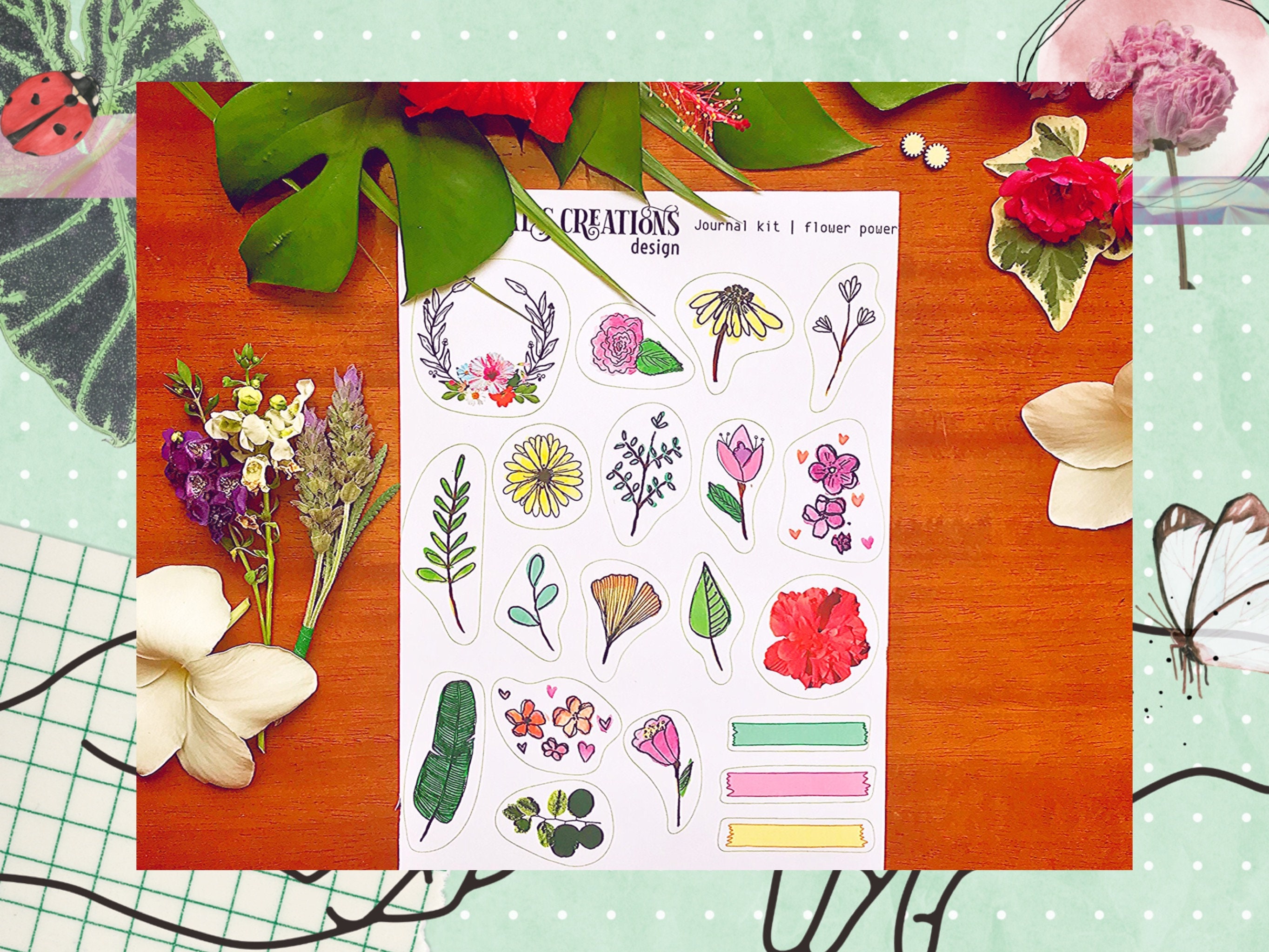 Ephemera Stickers DIY Stickers Kit Journal Kit Watercolor Flower ...