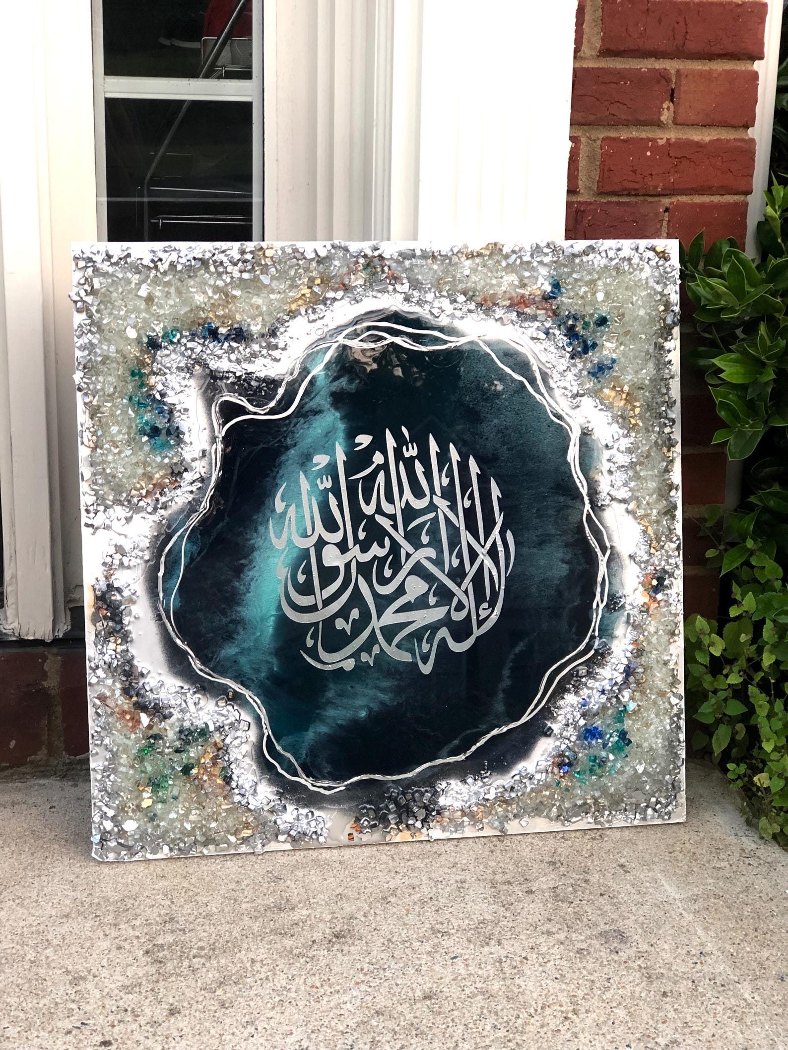 Shahada Resin Art: Turquoise & Blue Islamic Calligraphy (24x24) - Etsy