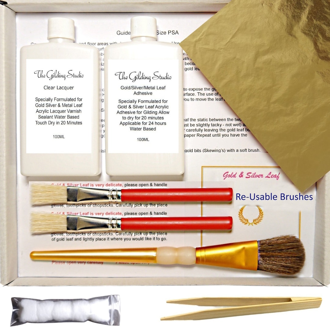 Gold Leaf Gilding Kit 25 1.4cm X 1.4cm Sheets Adhesive, Lacquer, Anti ...