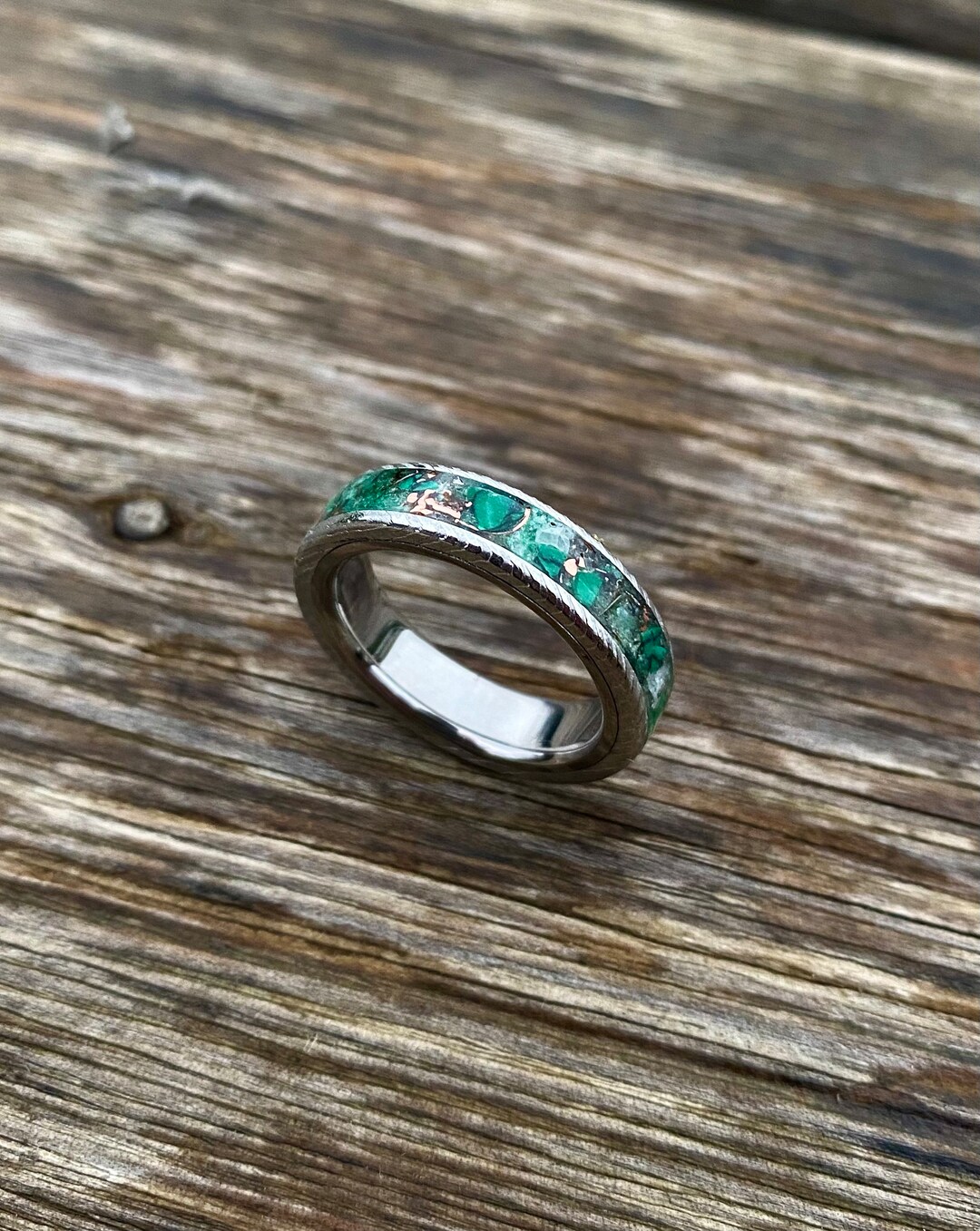 Damascus Steel and Titanium Ring With Emerald, Meteorite, Green Jade ...