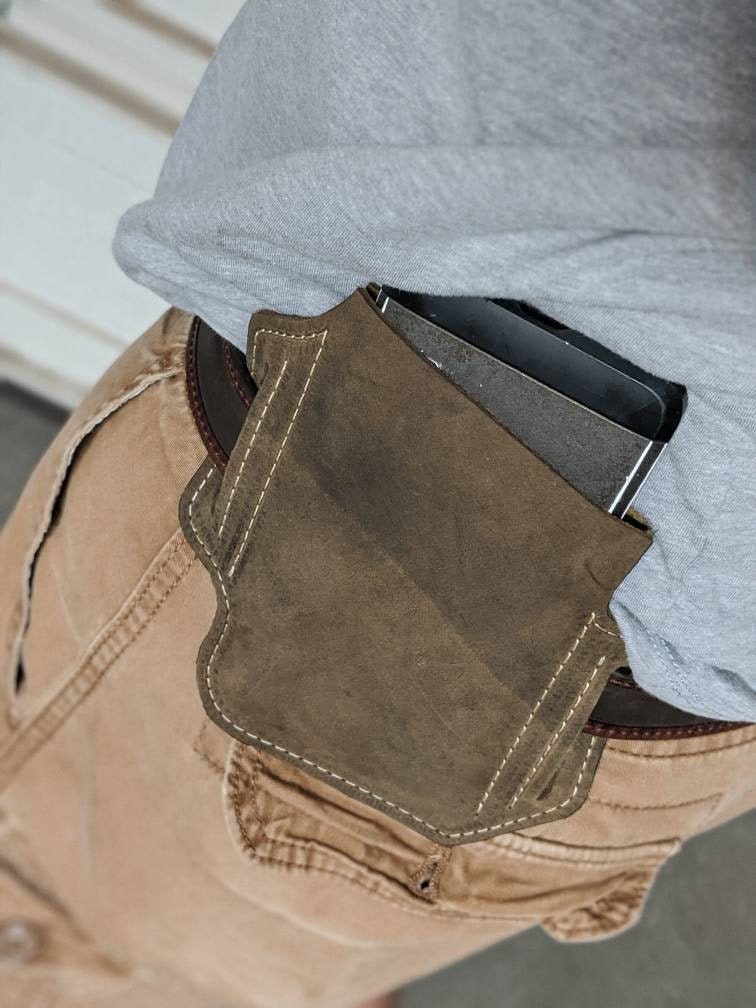 Left hand leather phone holster, distressed earthtone brown