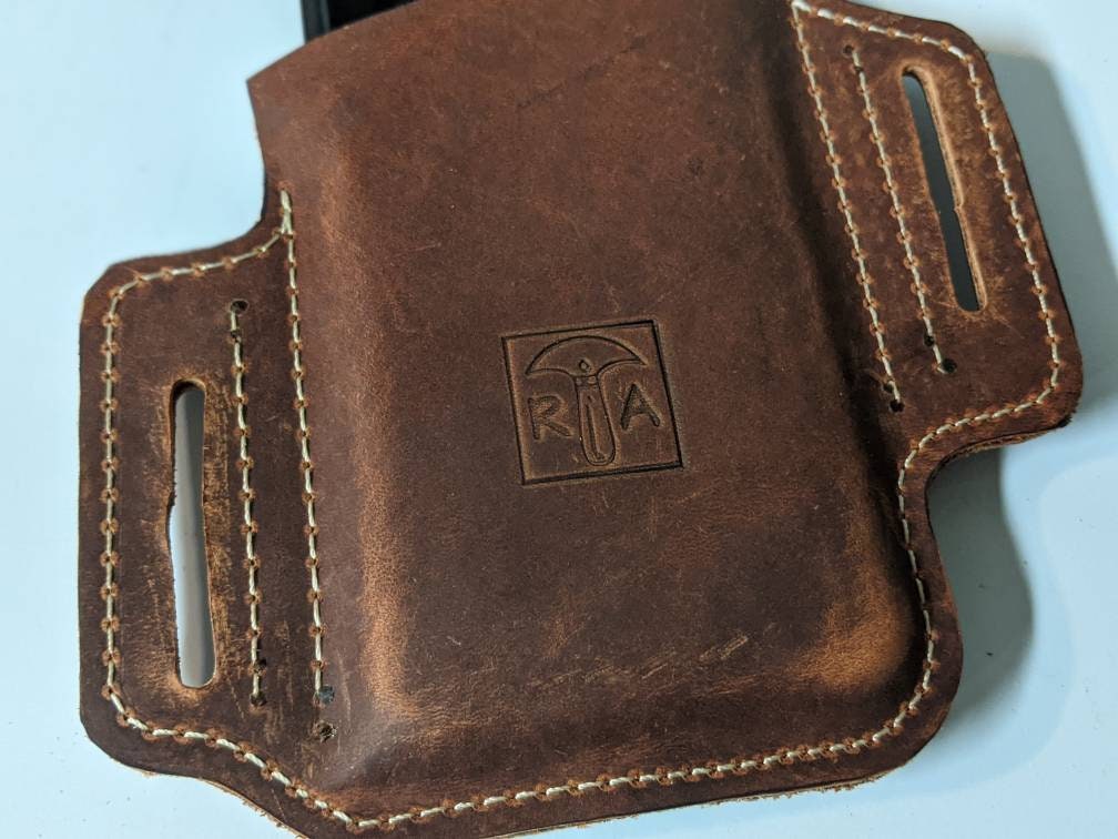 Left hand leather phone holster, distressed earthtone brown