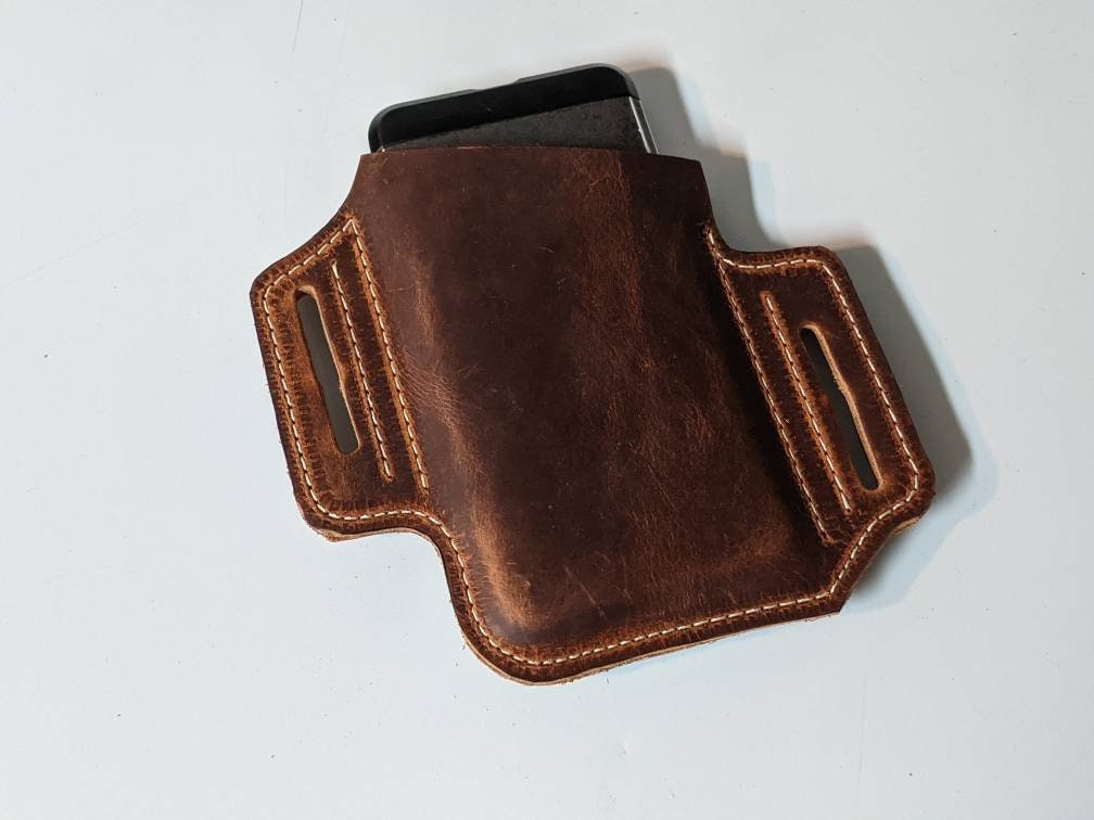 Left hand leather phone holster, distressed earthtone brown