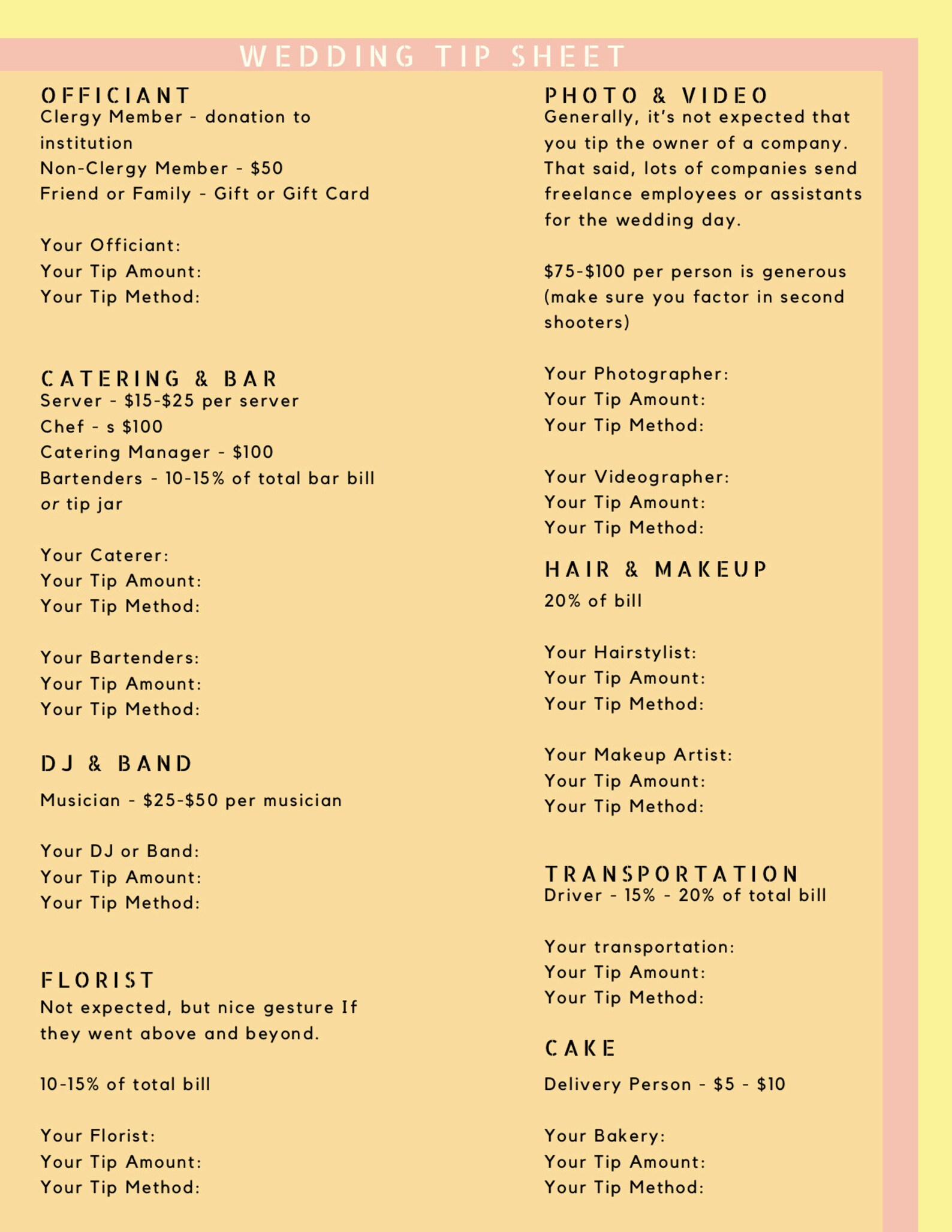 Wedding Vendor Tipping Guide PDF Worksheet - Etsy Wedding Vendor Tipping Guide PDF Worksheet - Etsy