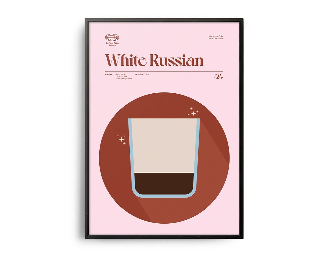 White Russian Cocktail Poster, Midcentury White Russian Cocktail Print ...