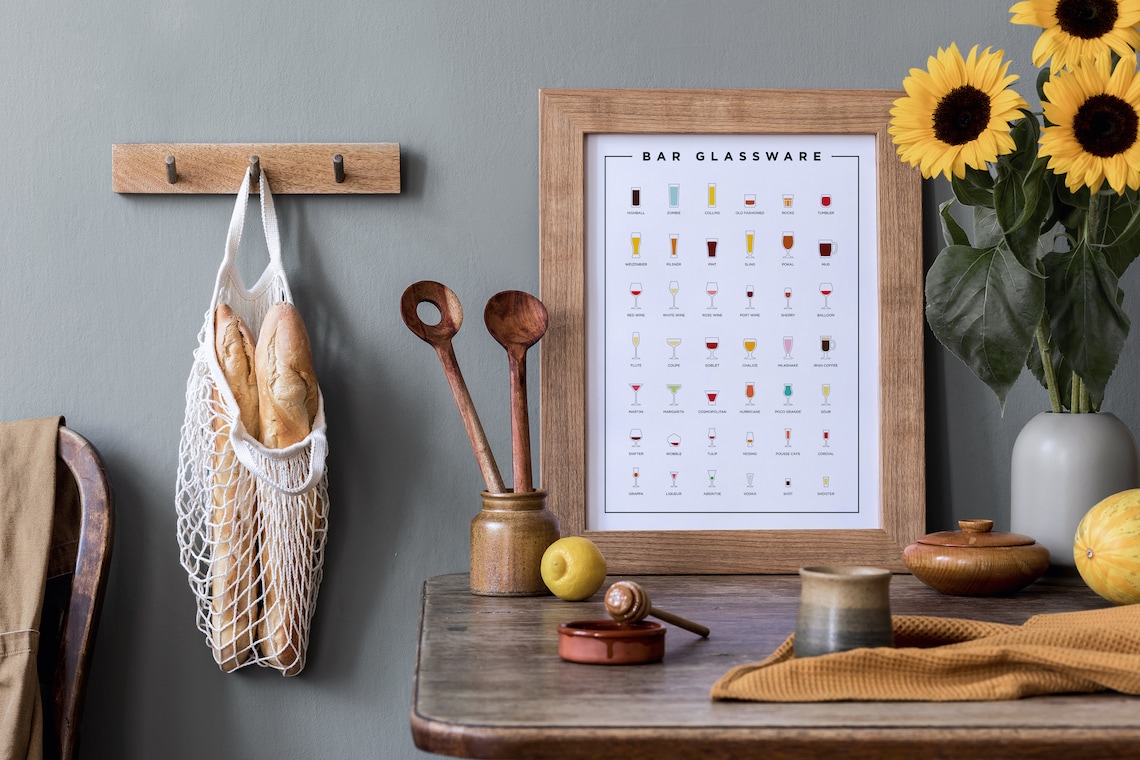 Bar Glassware Guide Print Cocktail Glasses Wall Art | Etsy