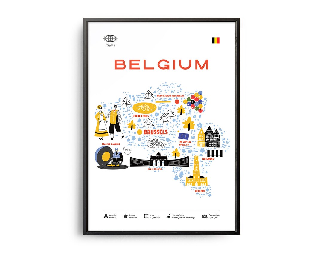 Midcentury Belgium Landmarks Print, Belgium Landmarks, Tourist ...