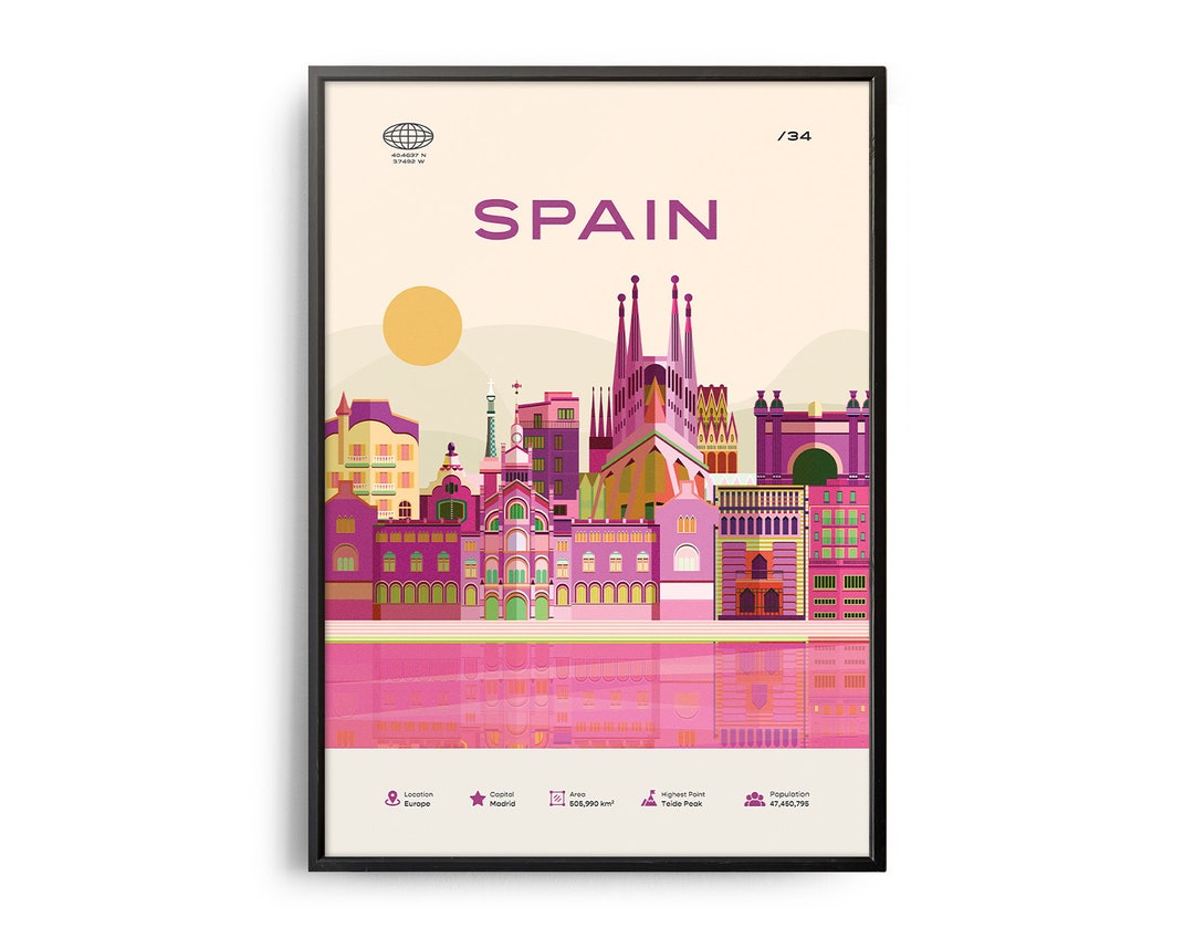 Midcentury Spain Print, Spain Landmarks, Tourist Attractions, Retro ...