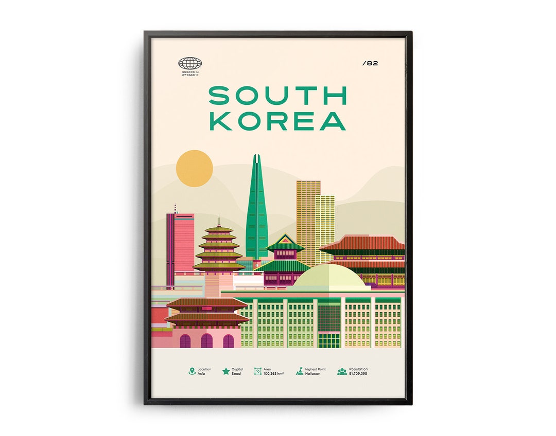 Midcentury South Korea Print, South Korea Landmarks, Tourist ...