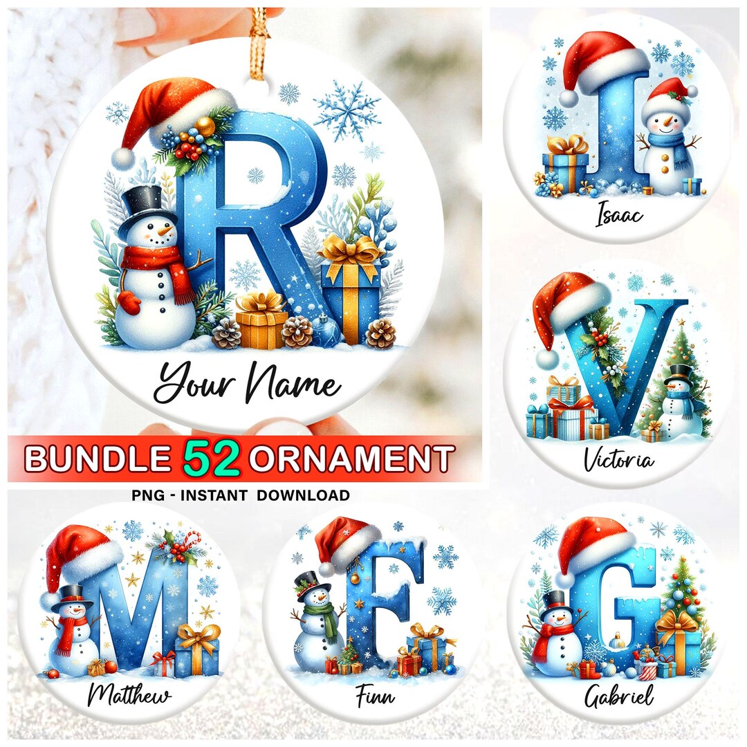 Christmas Alphabet Ornaments Bundle PNG | 52 PNG Snowman Monogram ...