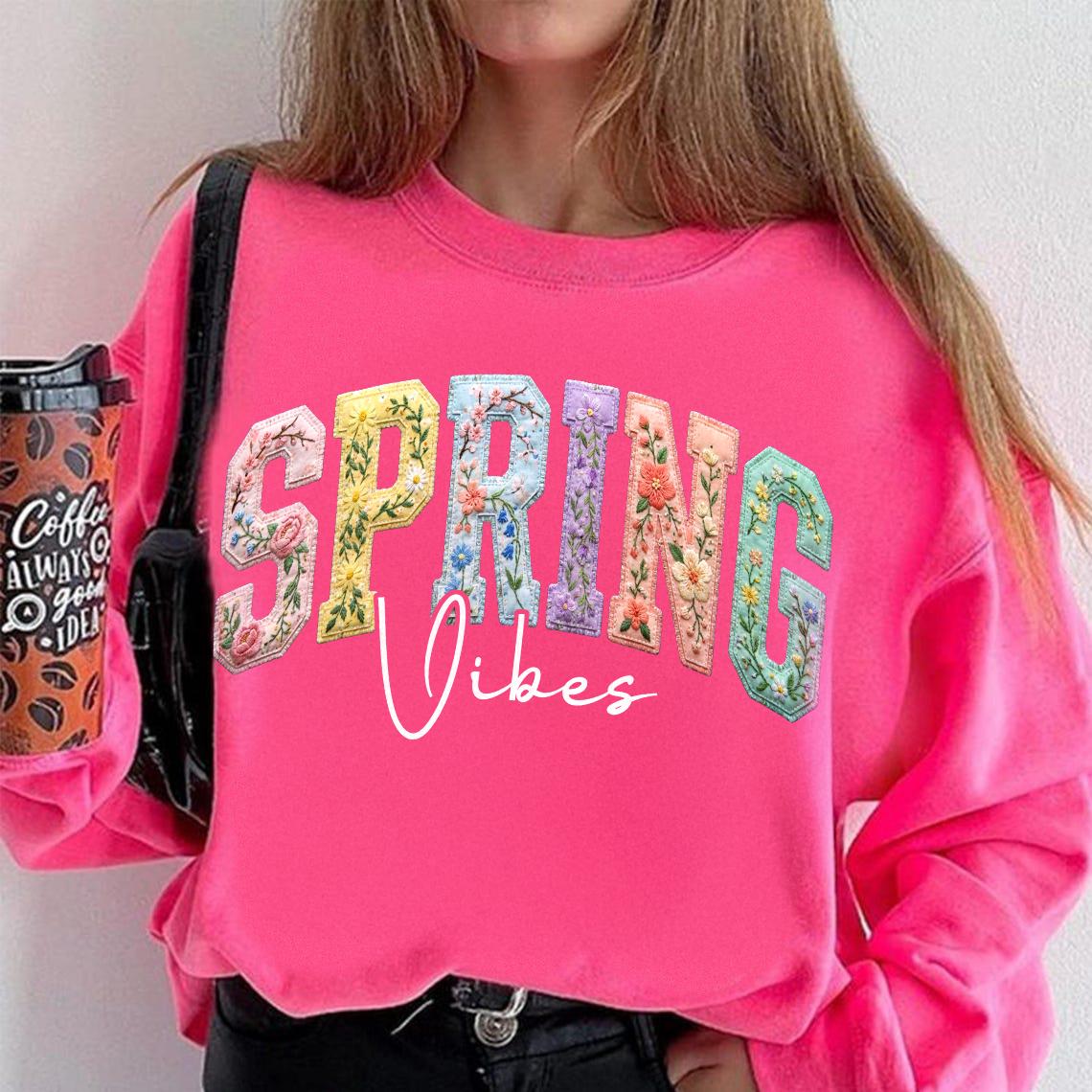 Spring Vibes PNG, Faux Embroidery Floral Letters Sublimation Design ...