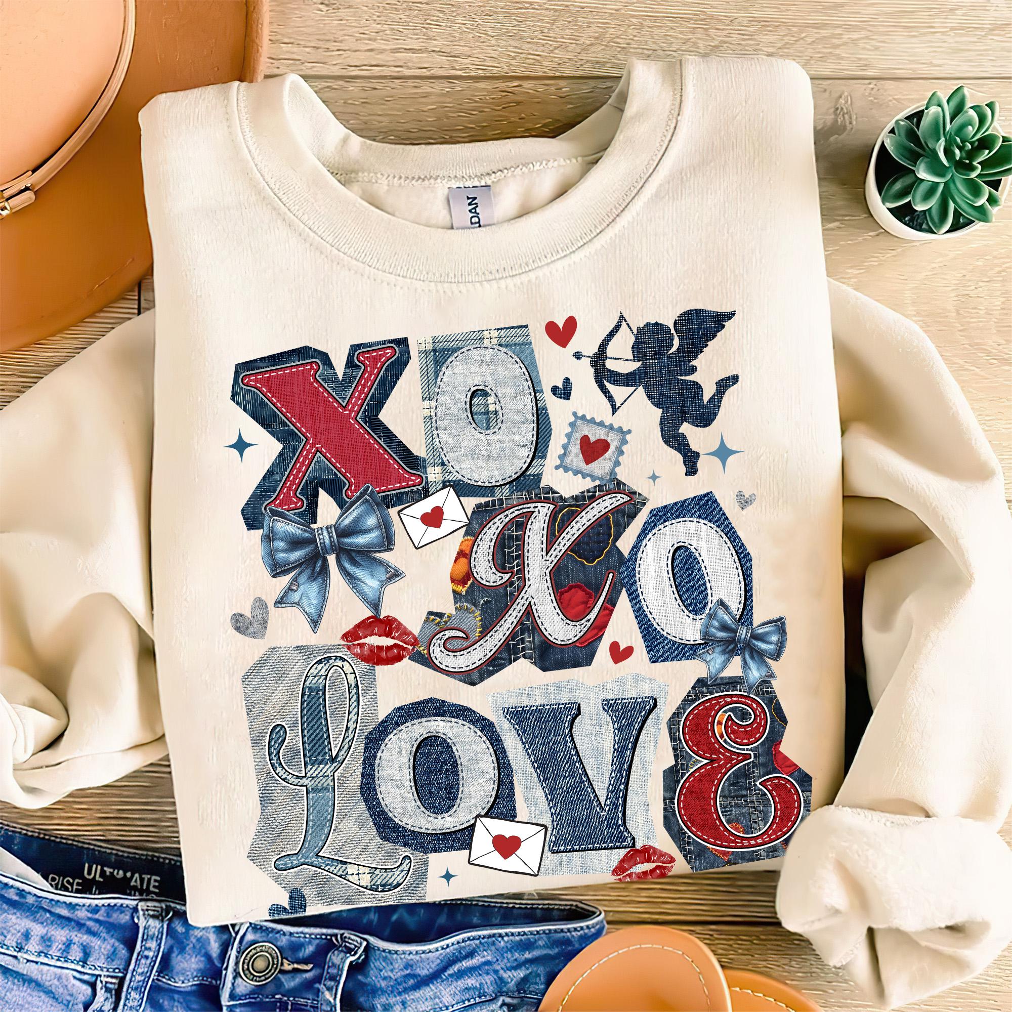 Preppy XOXO Valentine PNG, Jeans Patchwork Coquette Design, Valentines ...