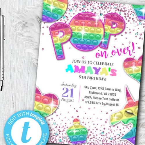 Editable Pop It Birthday Party Invitation Fidget Toy Girl Kids | Etsy