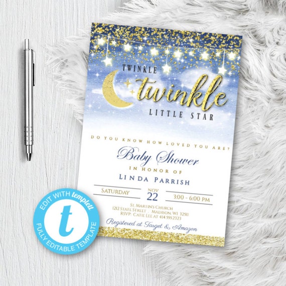 Twinkle Twinkle Little Star Baby Shower Invitation, Editable Boy Blue ...