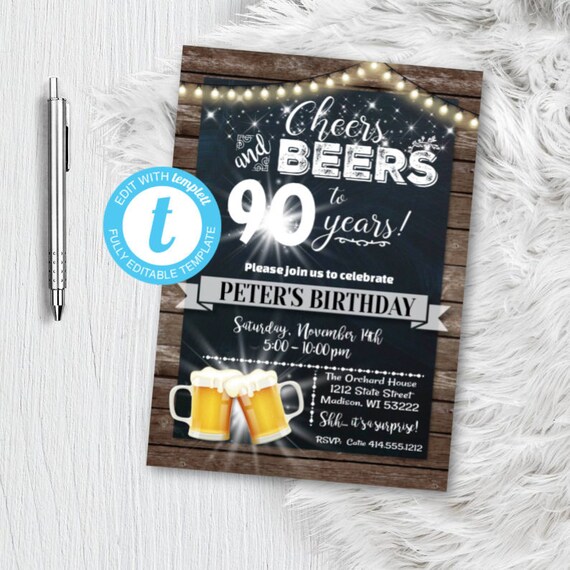 90th Birthday invitation for men Cheers and Beers Invitation Party ...