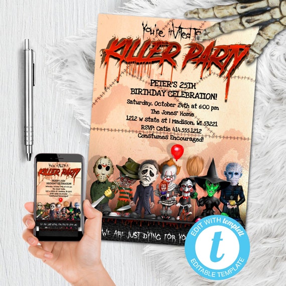 Halloween Invitation Template Scary - Horror Movie Birthday Invite ...