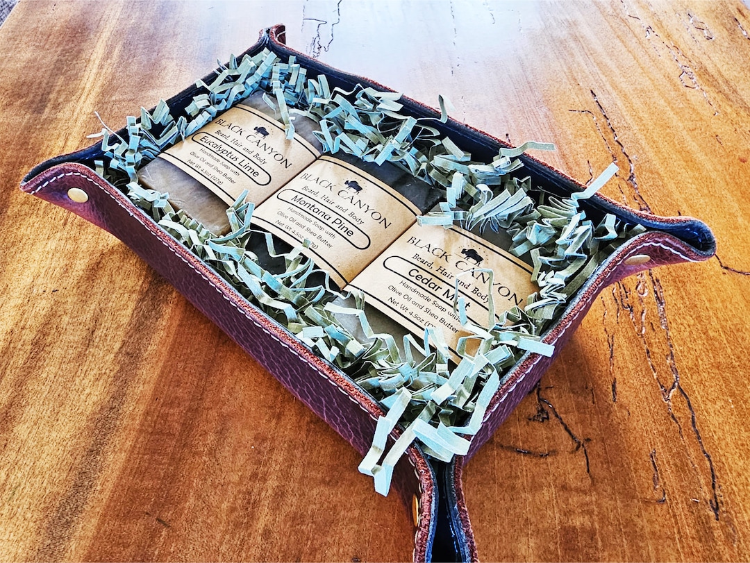 Bison Leather Valet Tray With Handmade Beard, Hair and Body Soap Gift ...