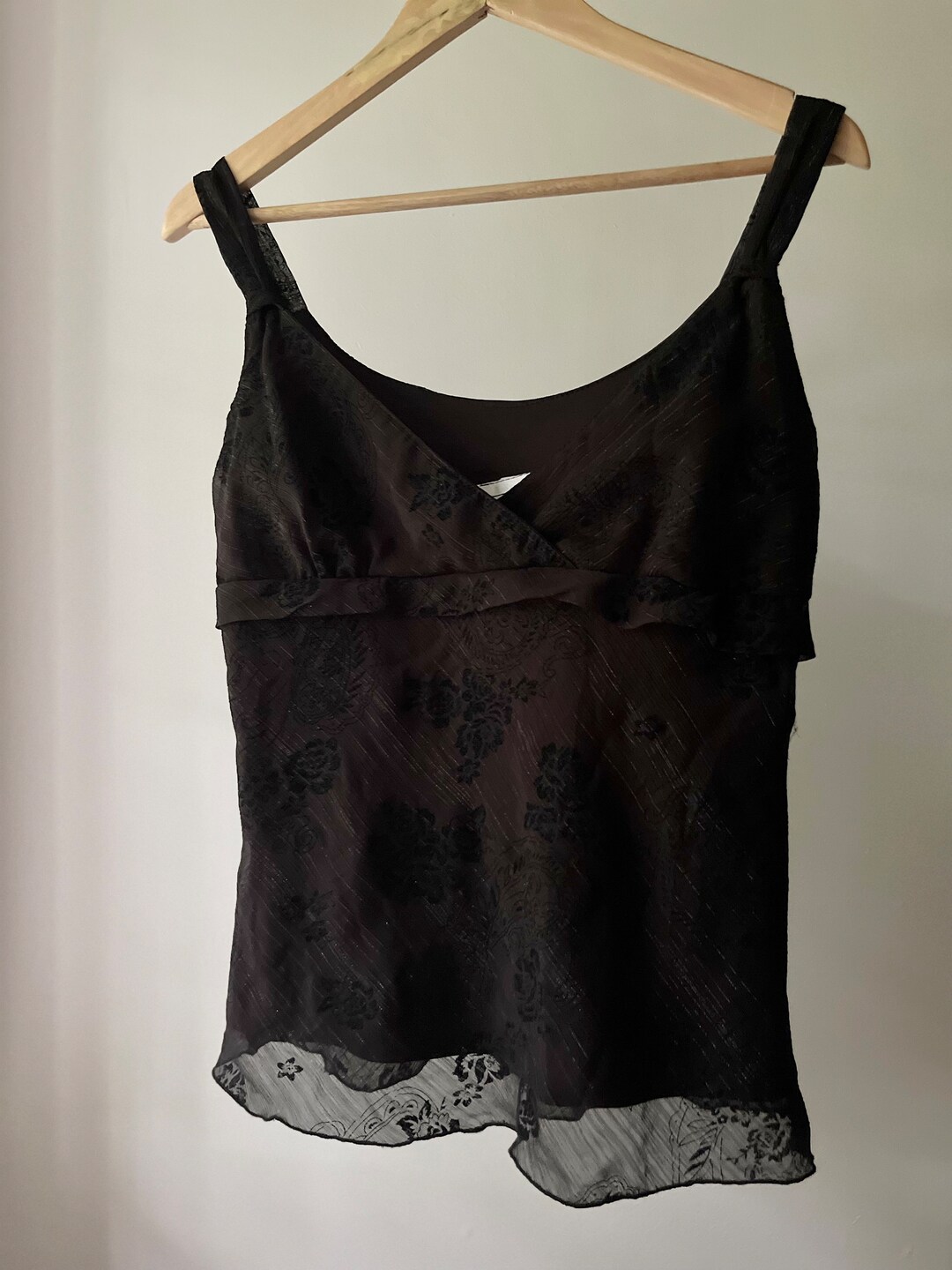 1990s Sheer Floral Camisole | Vintage Black Wrap Tank Top - Etsy