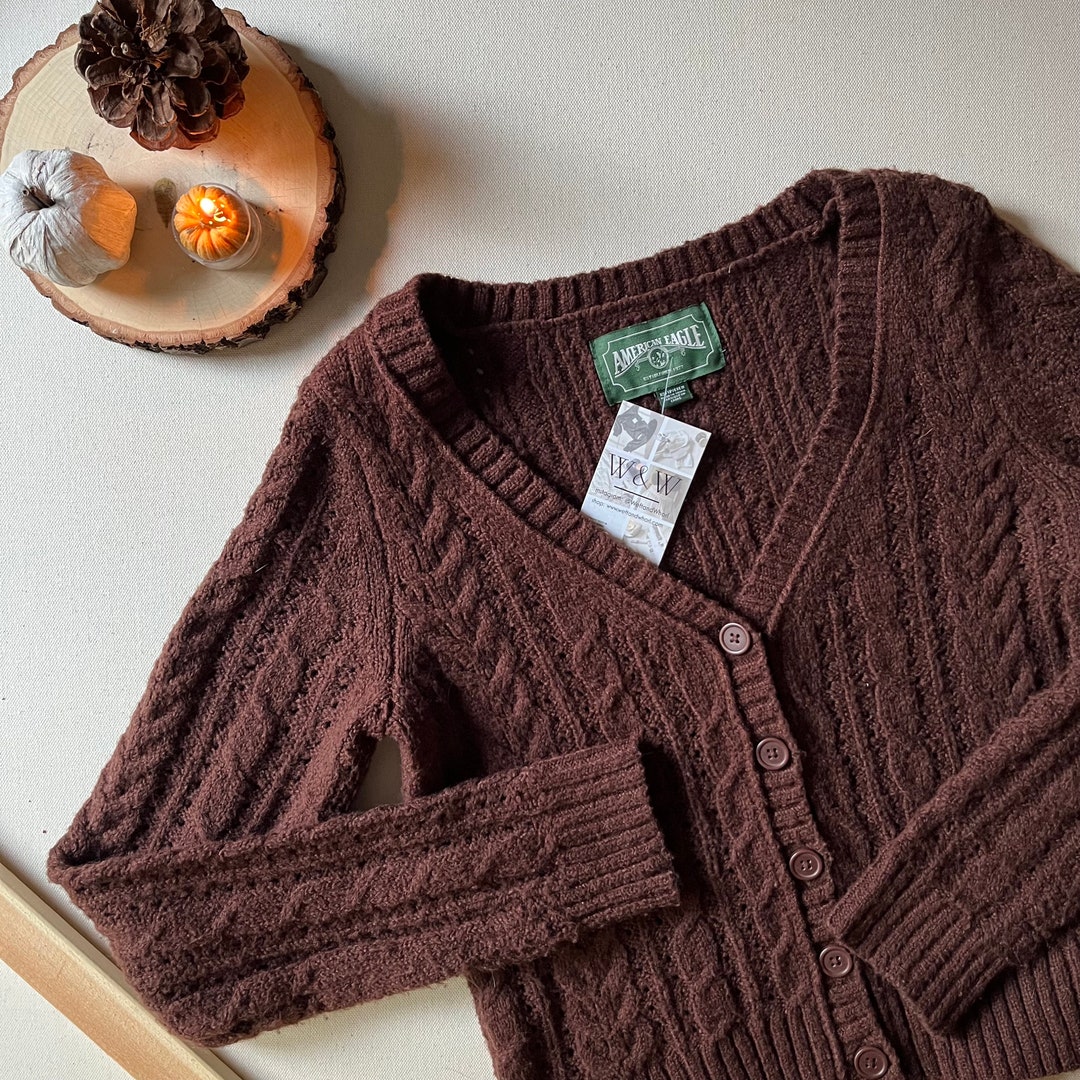 Y2K Cropped Cable Knit Cardigan Soft Brown Knit - Etsy