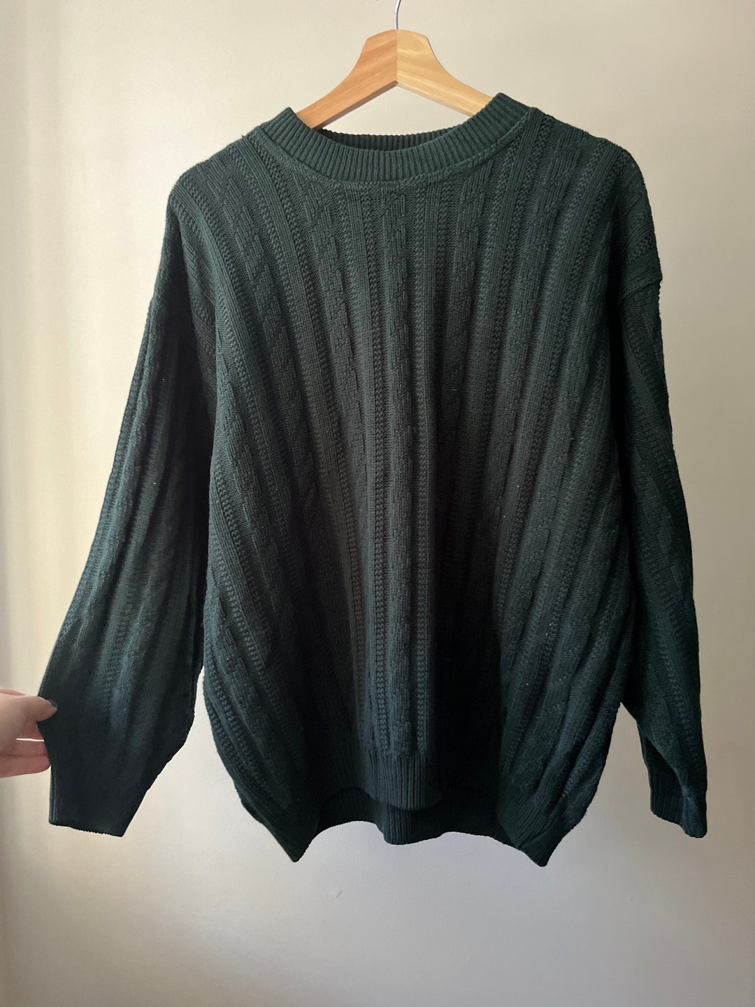 1990s Slouchy Forest Green Sweater | Textured Knit - Etsy