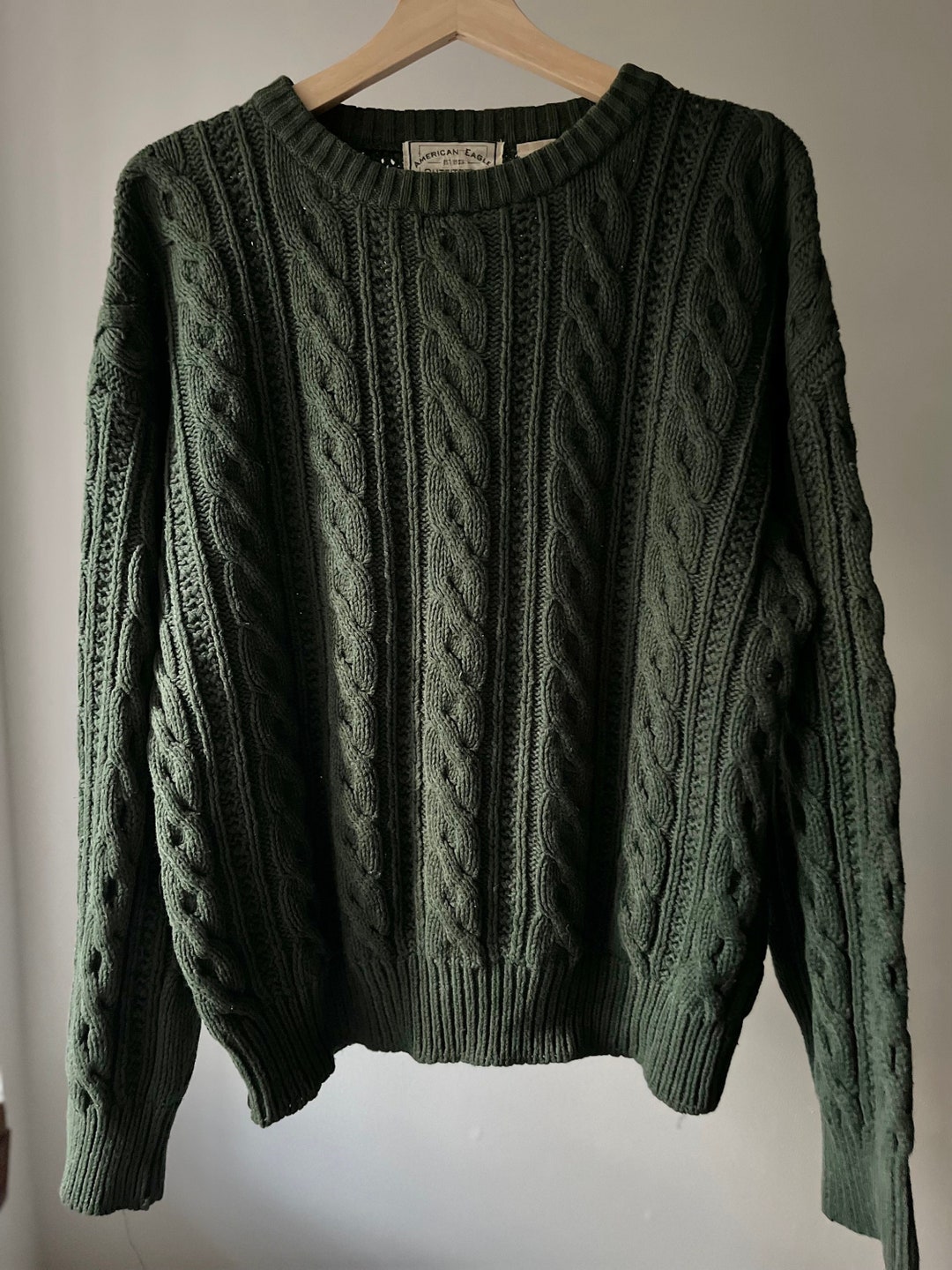 1990s Forest Green Heavy Cotton Cable Knit Sweater - Etsy