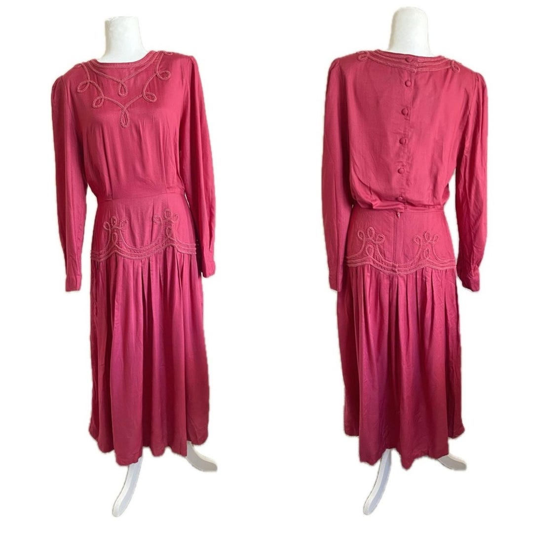 Vintage 90s Styleworks Red Western Drop Waist Pleated Midi Dress Womens ...