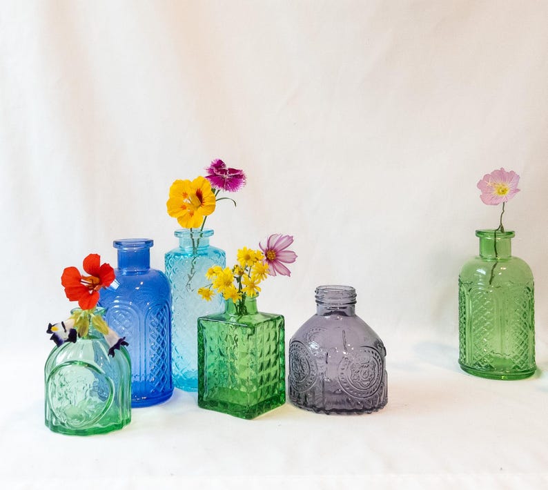 Indigo Teal Pressed Glass Bud Vases | Vintage Bottle Eclectic Decor Mix ...
