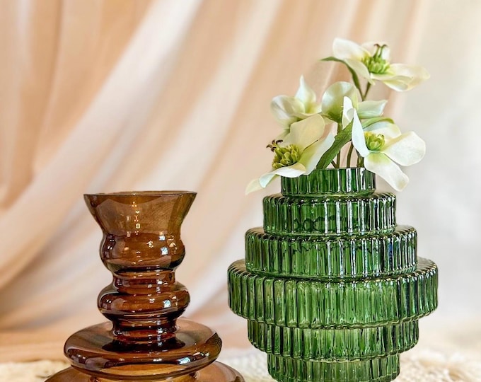 Mid Century Inspired Glass Vases – Modern Sculptural Amber & Emerald ...