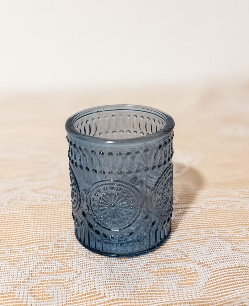 French Blue Glass Tea Light Holder, Vintage Pressed Medallion Votive ...