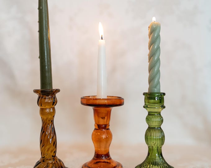 Retro Glass Candlestick Holders – Jewel Tone Fall Colors – Amber, Green ...