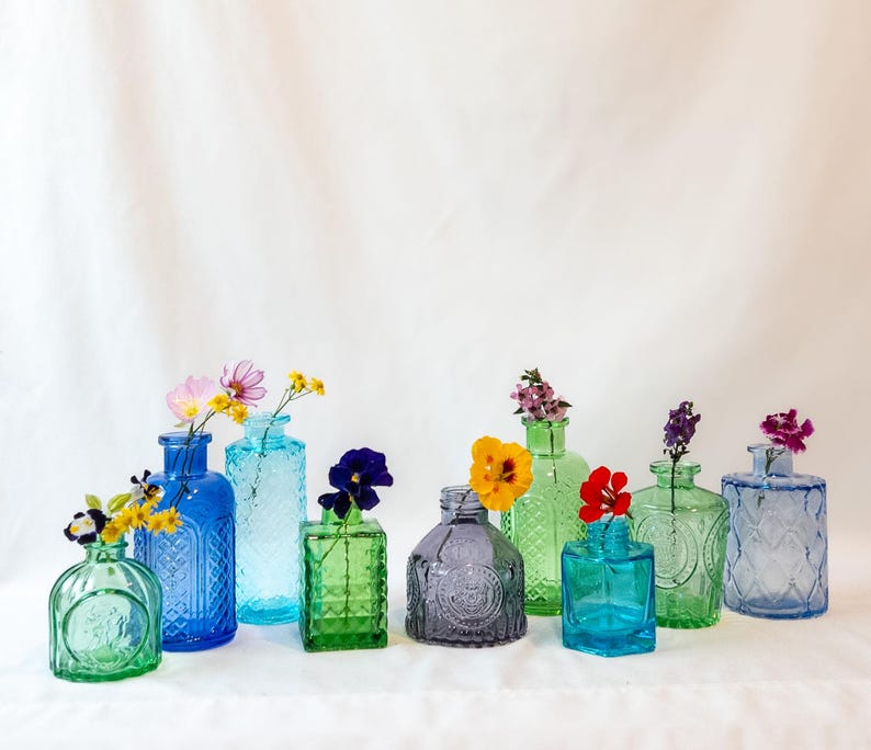 Indigo Teal Pressed Glass Bud Vases | Vintage Bottle Eclectic Decor Mix ...