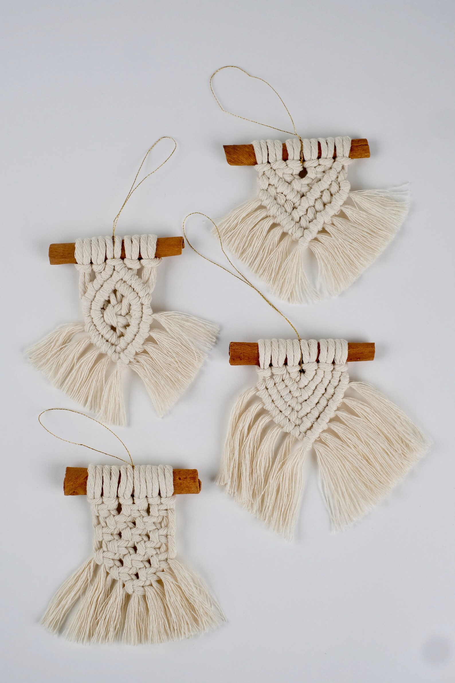 Set of FOUR Cinnamon Stick Macrame Ornaments Colors | Etsy