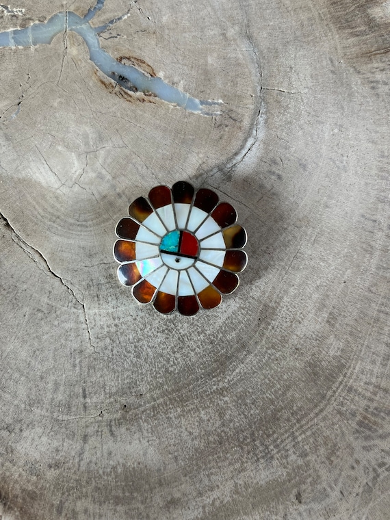 Vintage Zuni Sun Face Inlaid with Turquoise,Coral, Mo… - Gem