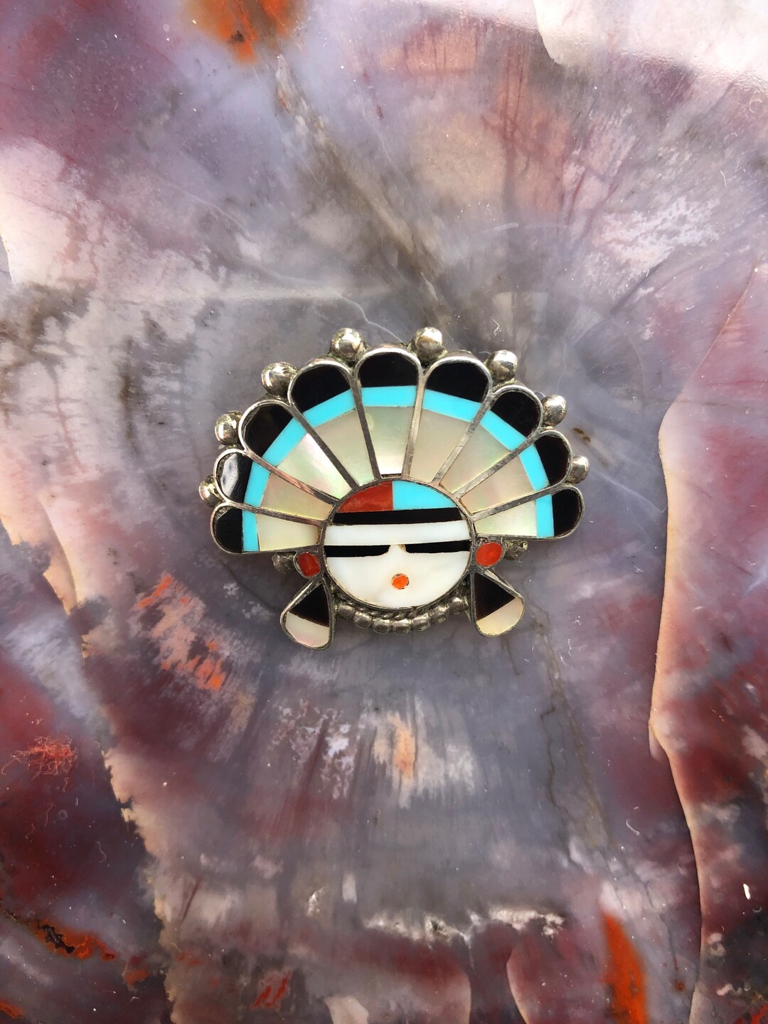 Vintage Zuni Sacred Sun Face Pendant and Pin Inlaid With Turquoise ...