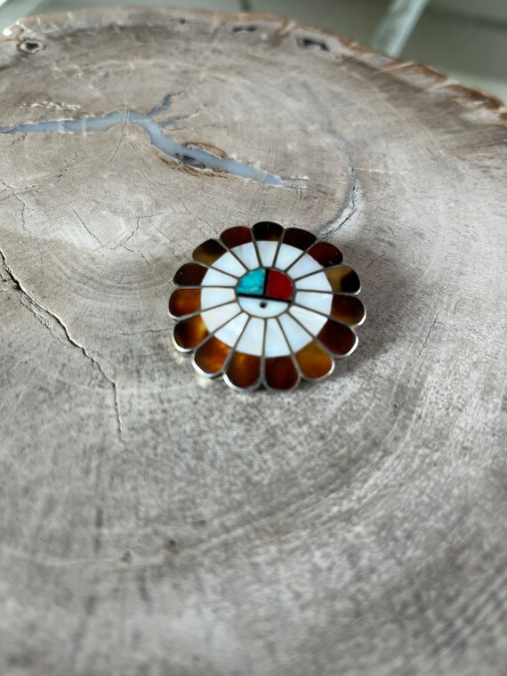 Vintage Zuni Sun Face Inlaid with Turquoise,Coral, Mo… - Gem