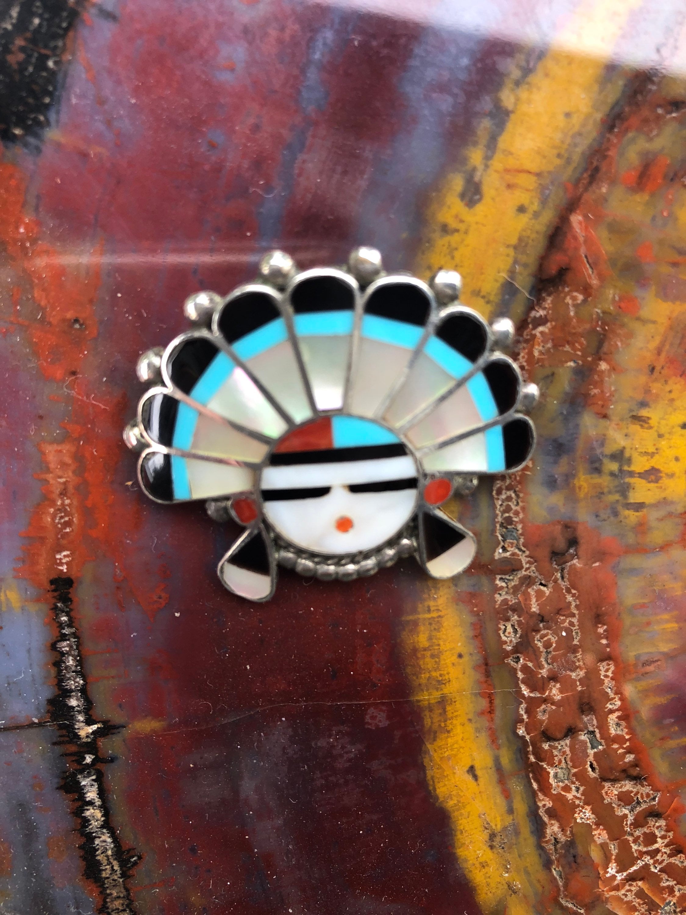 Vintage Zuni Sacred Sun Face Pendant and Pin Inlaid With Turquoise ...