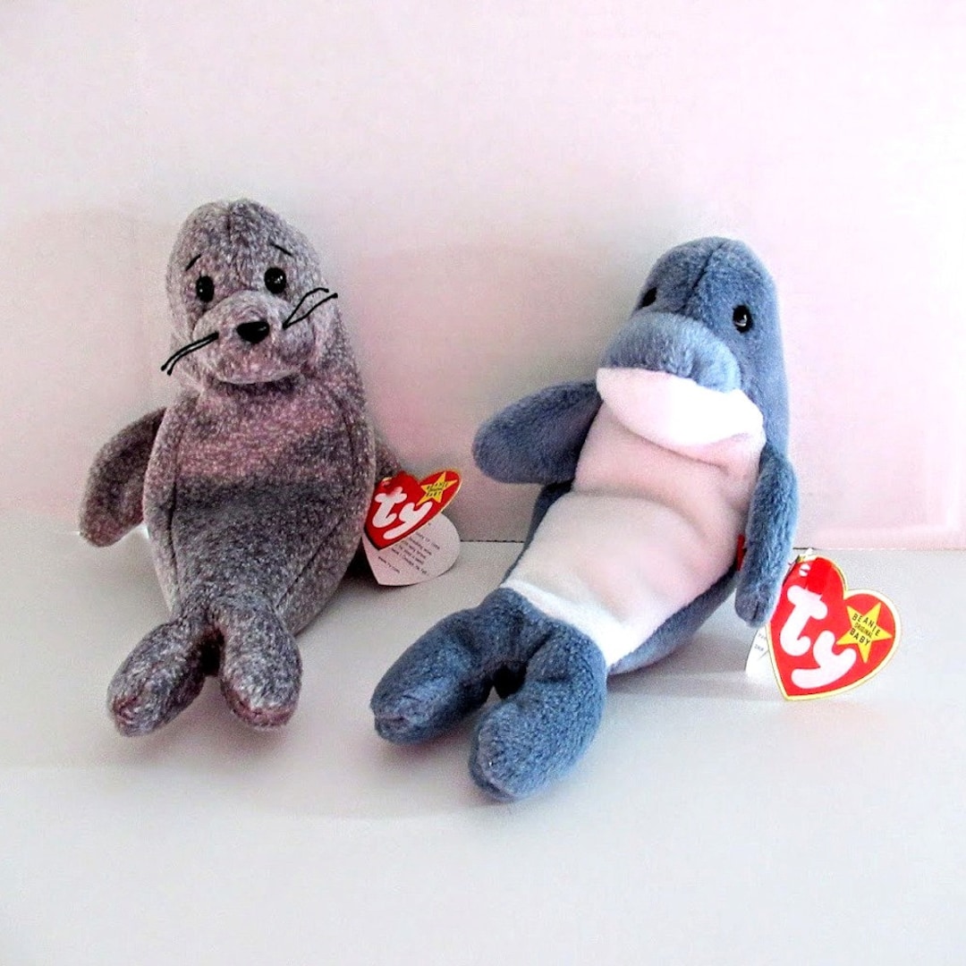 TY Beanie Baby Collection - Waves the Dolphin - Slippery the Seal - PVC ...