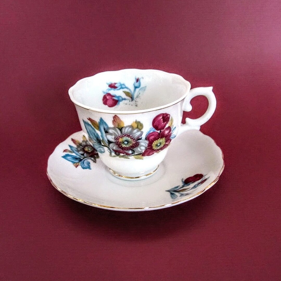 Demitasse Cup & Saucer Set - Floral Design on White - Burgundy - Blue ...