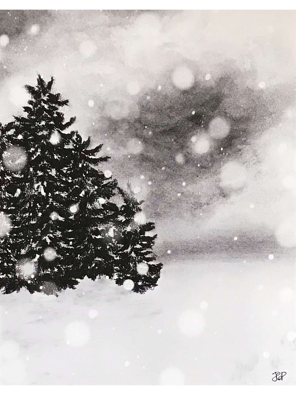 Falling Snow Charcoal Winter Landscape Drawing Art Print - Etsy