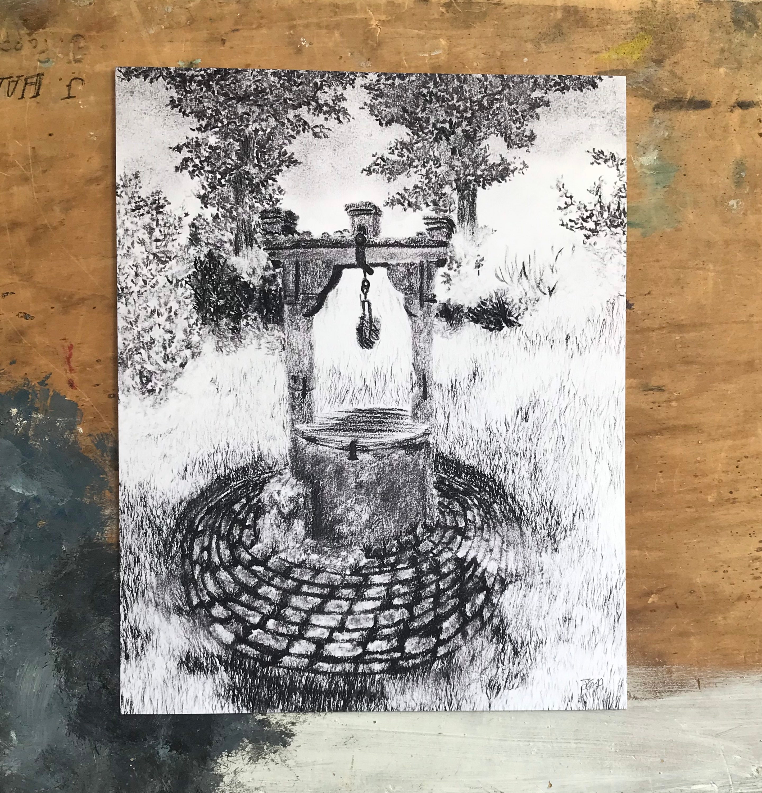 Wishing Well Charcoal Drawing Illustration Art Print - Etsy