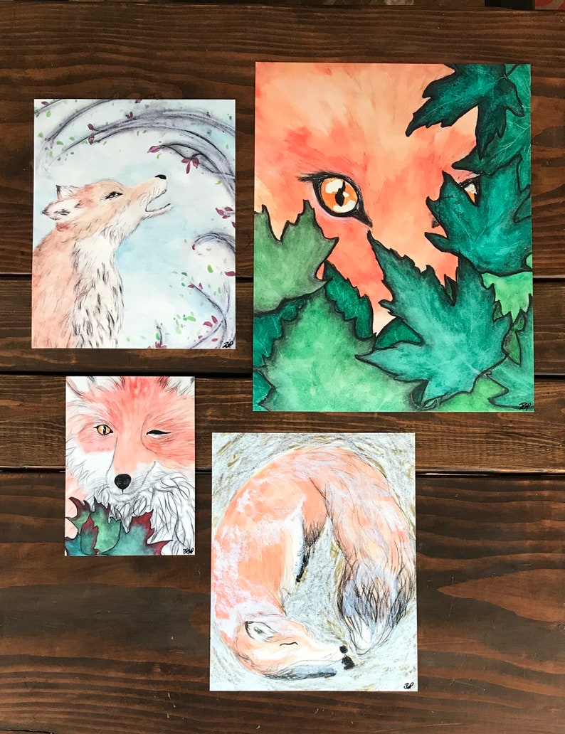 Summer Fox Watercolor Charcoal Drawing Painting Illustration - Etsy