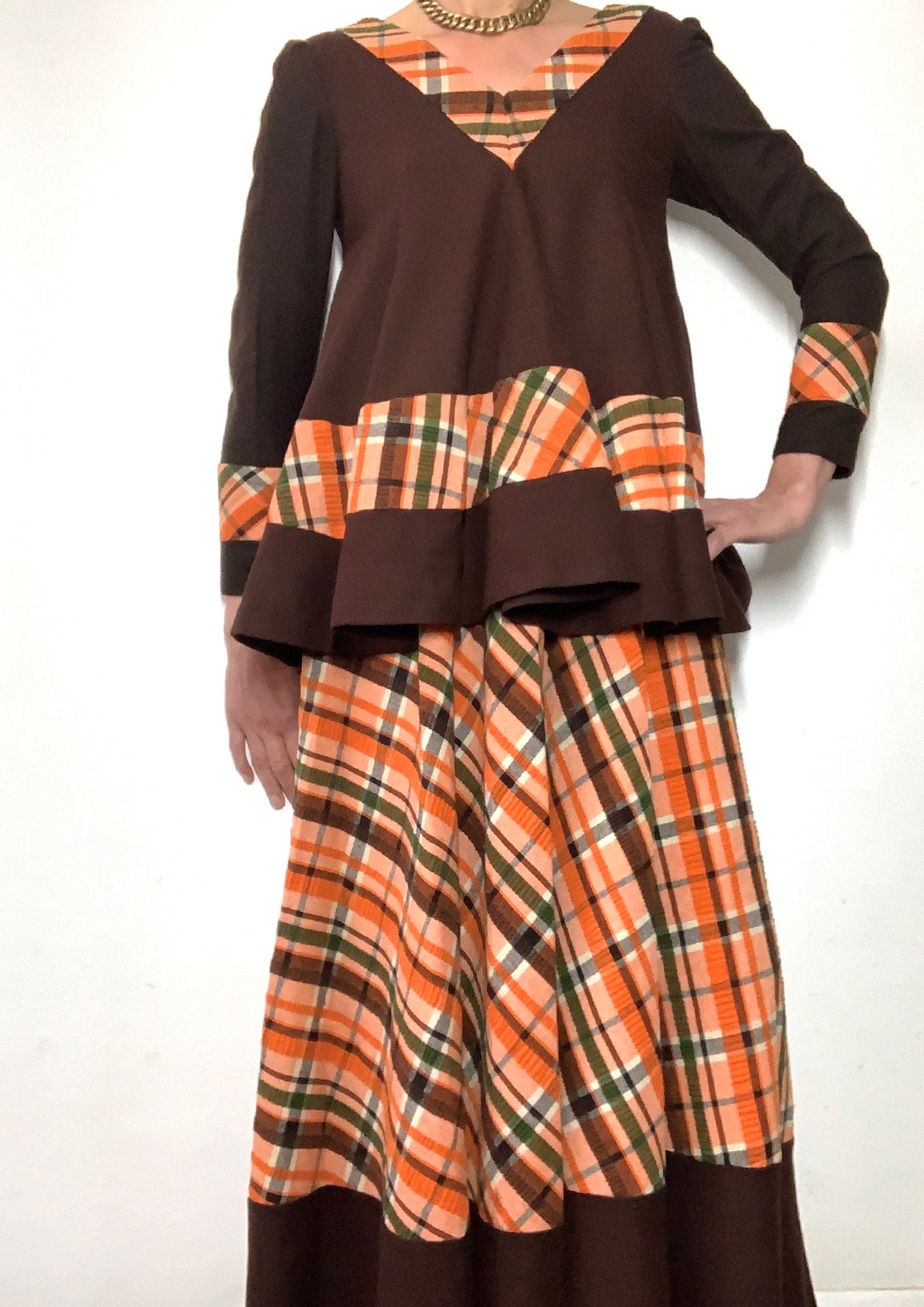 Vintage Rare 1970s Jean Varon Prairie Dress, Brown Orange Plaid Wool ...